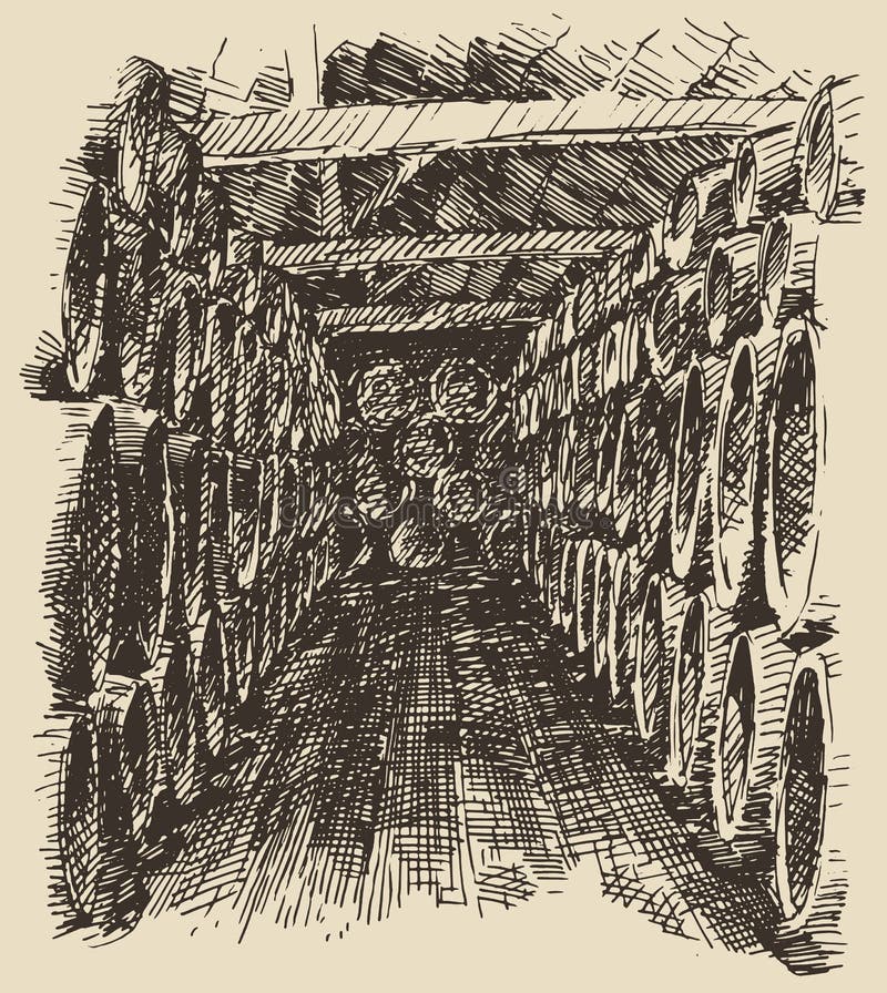 Wine Cellar Winery Vector Hand Drawn Illustration Stock Vector ...