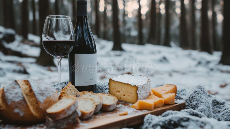 Wine Cheese Bread Picnic Snowy Winter Forest Setting Stock Illustration ...