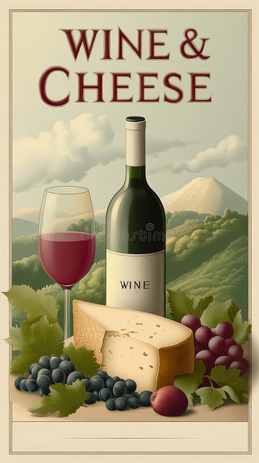 Wine and Cheese Vintage Poster Still Life Appetizer Stock Illustration ...