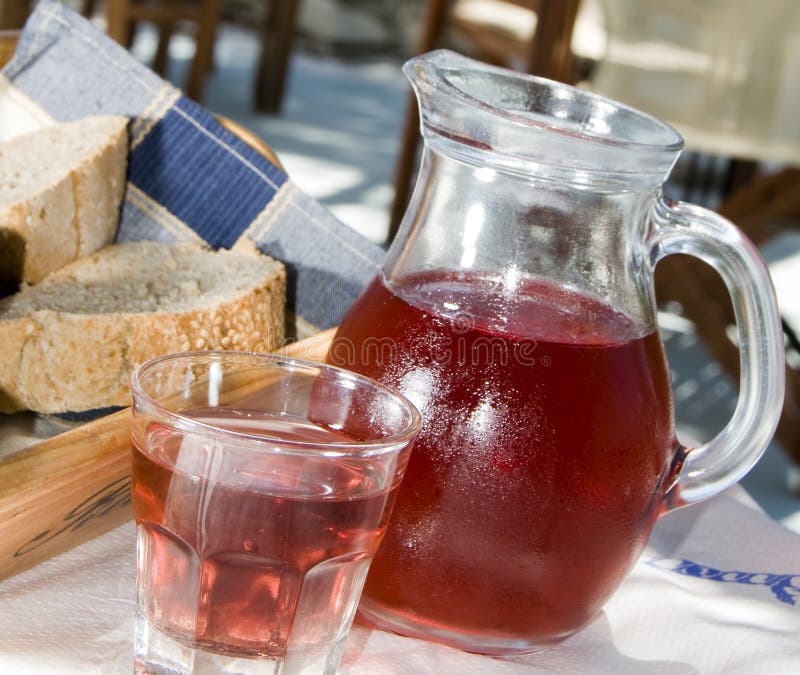 Wine Crusty Bread Greek Taverna Stock Photo - Image of rose, house: 9686422