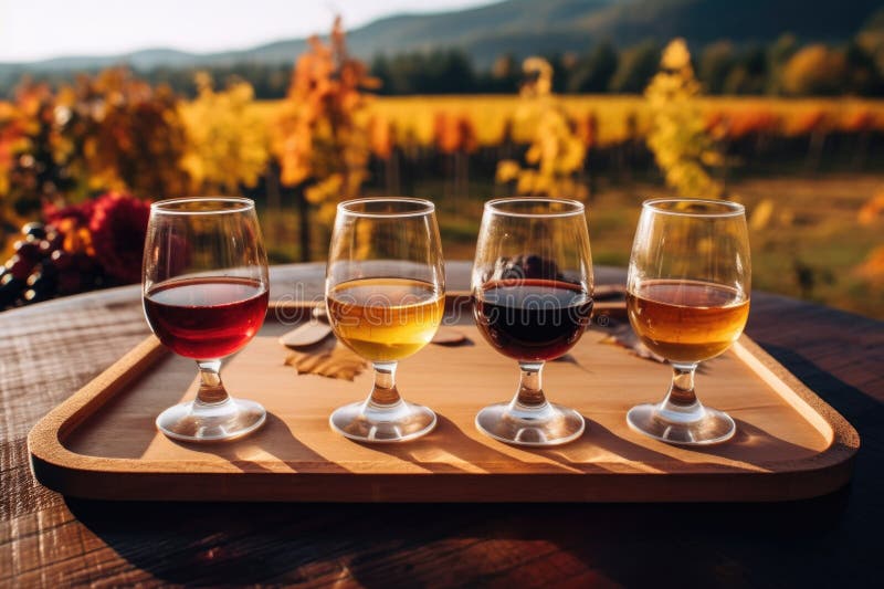 Wine Flight Samples on a Tray with a Vineyard Setting Stock ...