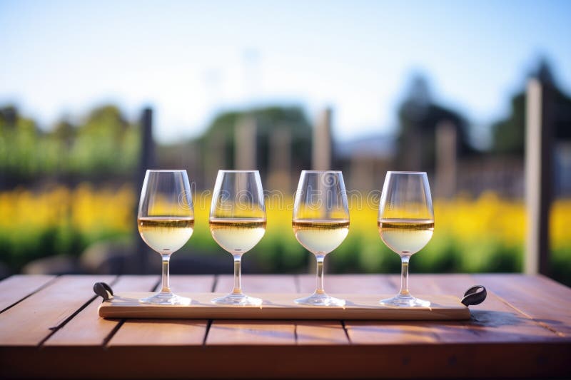 Wine Flight on a Wooden Board with a Winery Building Backdrop Stock ...