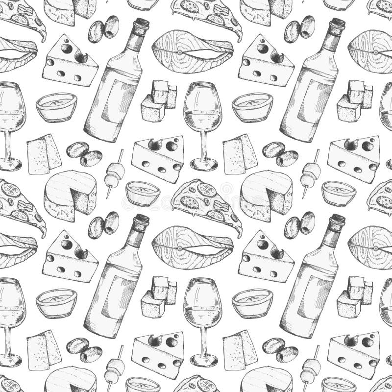 Wine and Food Seamless Vector Pattern. Restaurant and Cafe Menu Design ...