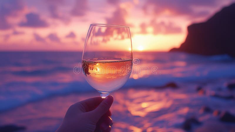 Wine Glass Against Sunset Over Ocean Waves Creating Serene Beach ...