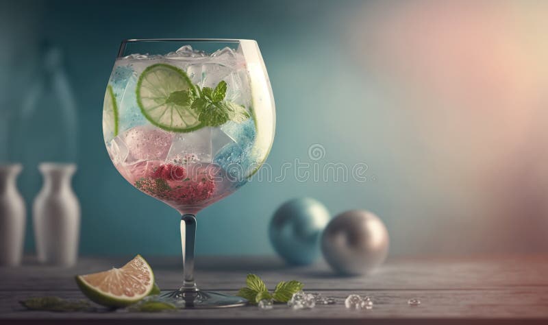 A Wine Glass Filled with Ice, Lime, and Raspberries Stock Illustration ...