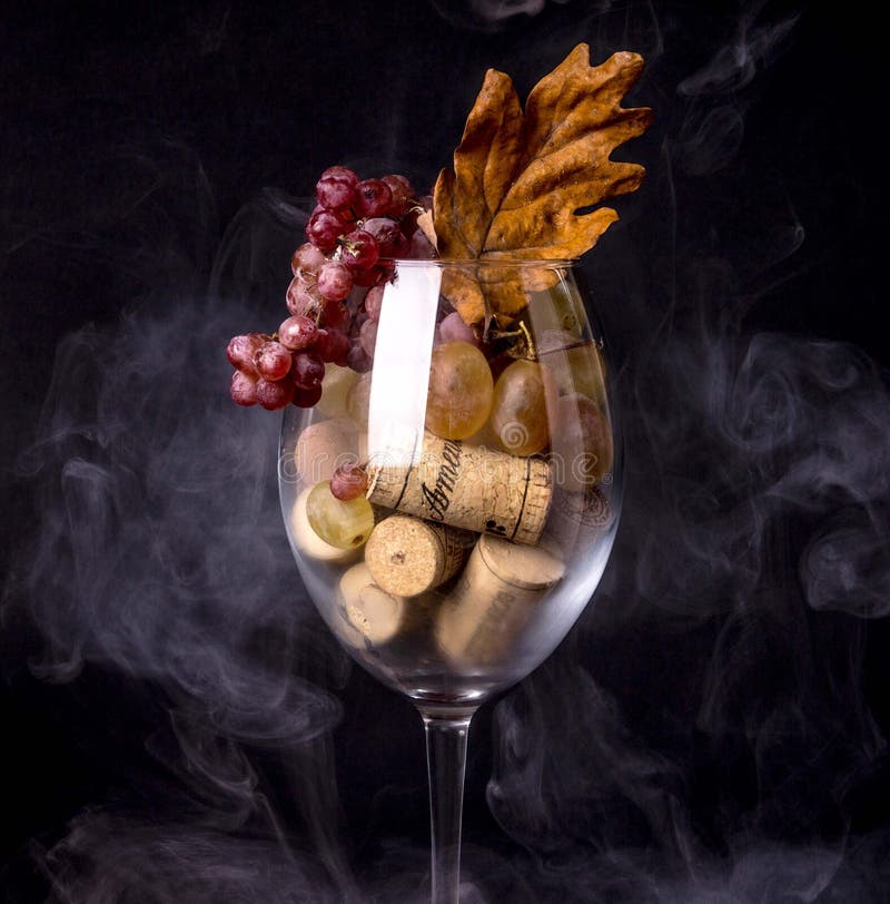 Wine Glass Grapes Wine Stopper, Maple Leaves in the Smoke Stock Photo ...