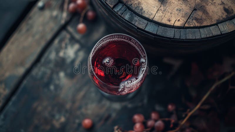 Wine Glass of Ruby Red Wine, Rustic Wooden Surface Stock Illustration ...