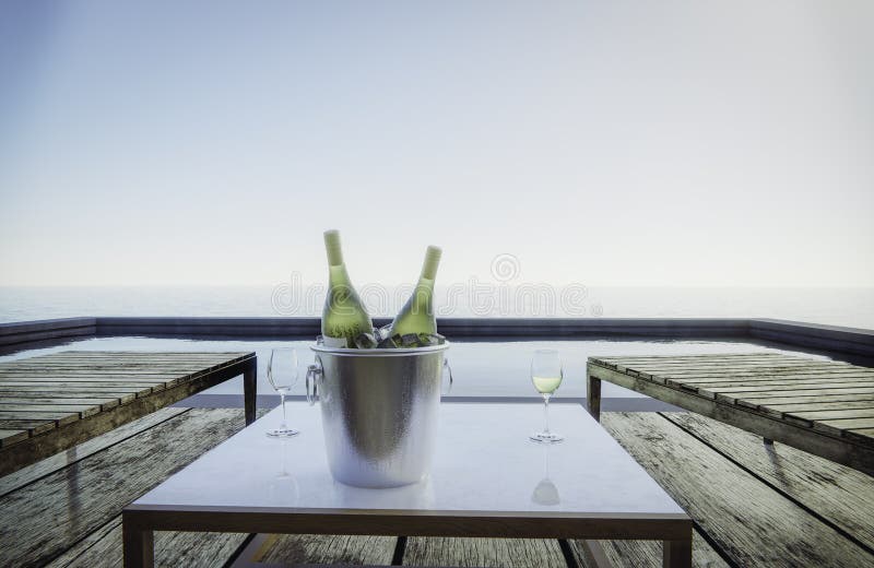 Wine Glasses and Wine Bottles are Placed on the Table with Seats. Pool ...