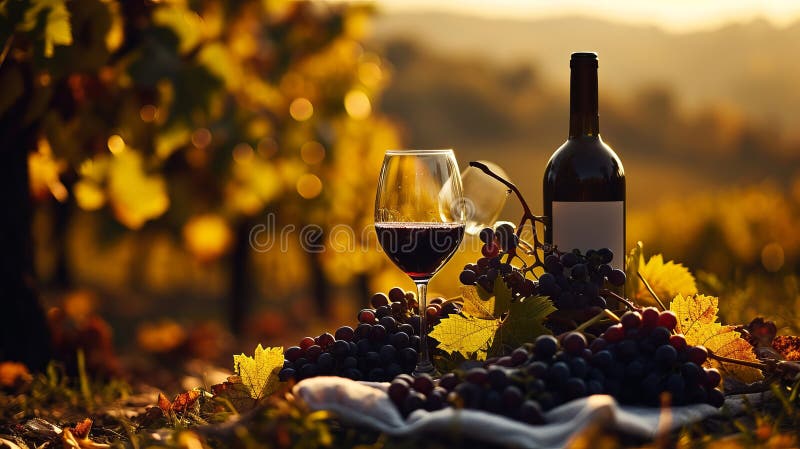 Wine Glasses, Wine Bottles, Vineyard Landscape and Grapes in Nature ...