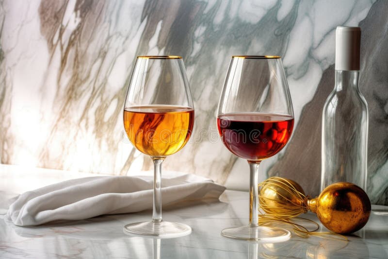 Wine Glasses with Golden Rims and a Bottle on a Marble Surface Stock ...