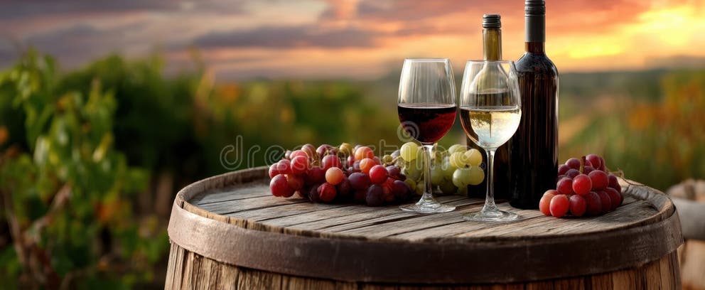 The Wine Glasses and Grapes on a Rustic Barrel at Sunset.AI Generated ...