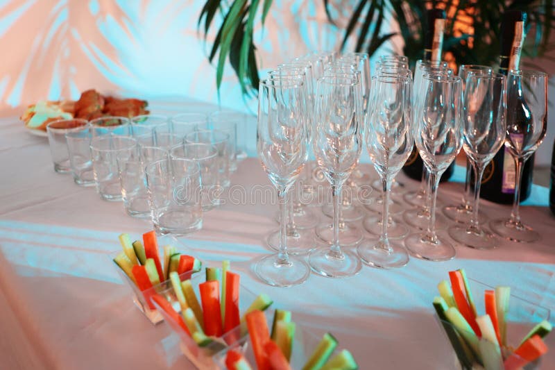 Wine Glasses in Large Quantities on the Festive Table. Buffet Table. on ...