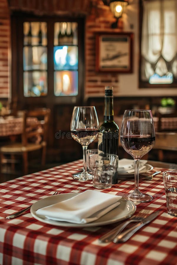 Wine Glasses Standing on Table with Red Checkered Tablecloth in ...
