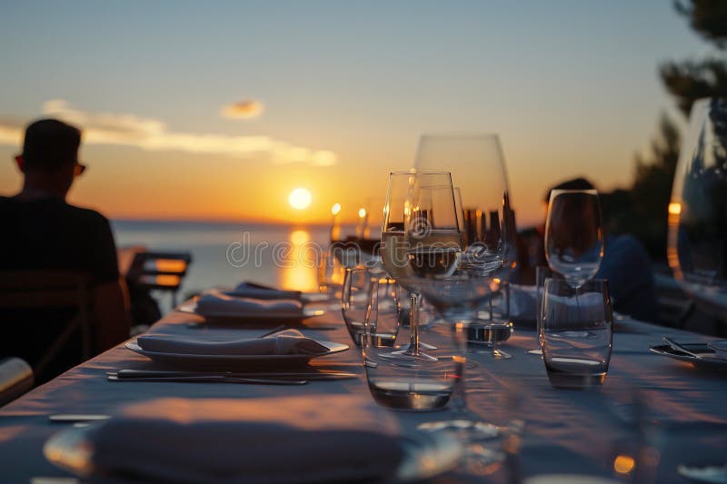 Wine Glasses on the Table of Bar. Sunset Over the Sea Stock Photo ...
