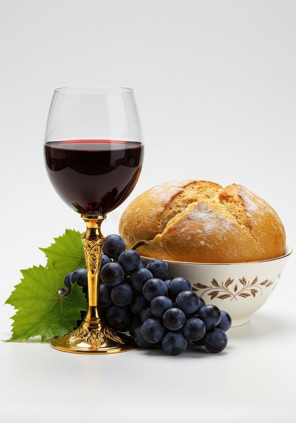 Wine, Grapes, and Bread Arranged on a White Surface Stock Illustration ...