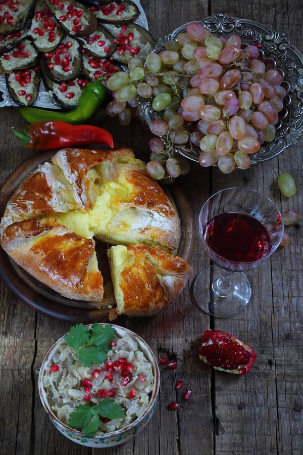 Wine, Grapes and Puff Pie with a Cheese Stuffing Stock Photo - Image of ...