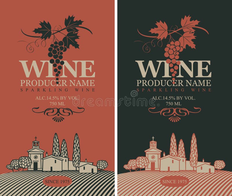 Wine Labels with Landscape of Vineyards Stock Vector - Illustration of ...