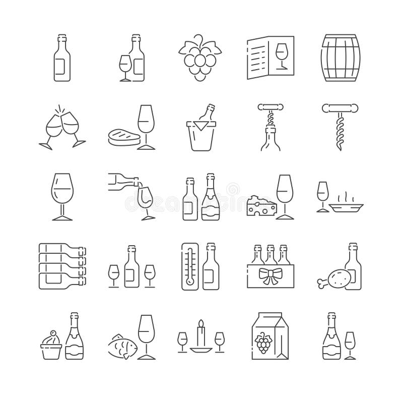 Wine and Wine Pairing Line Icons Collection Stock Vector - Illustration ...