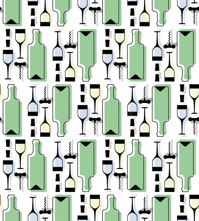 Wine Pattern Seamless. Bottle of Liquor and Glass of Wine and Corkscrew ...