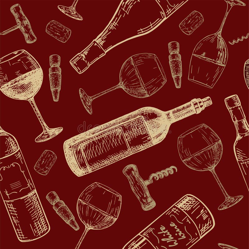 Wine Pattern, Sketches, Hand Drawn Seamless Pattern. Bottle, Glass ...