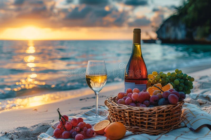Wine Picnic on Sandy Beach at Sunset with Fruits and Ocean View Stock ...