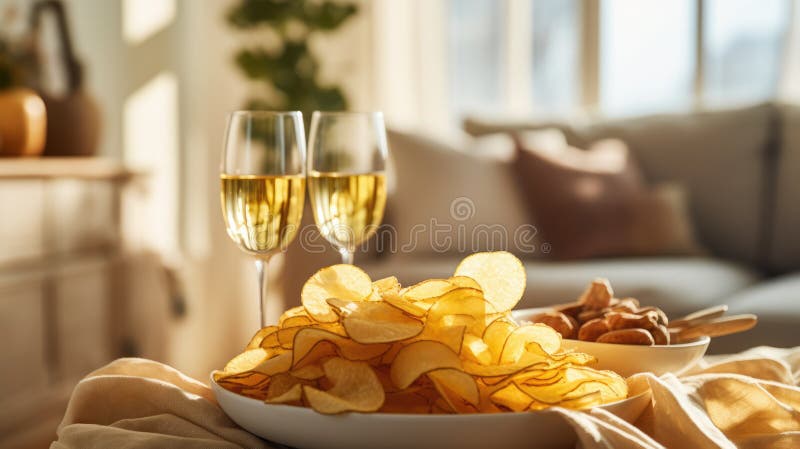 Wine with Potato Chips. Off-the-Wall Culinary Fusion Stock Illustration ...