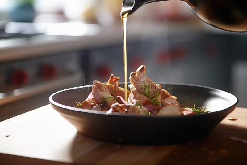 Wine Pouring into the Skillet, Chicken Pieces Browning Stock Image ...
