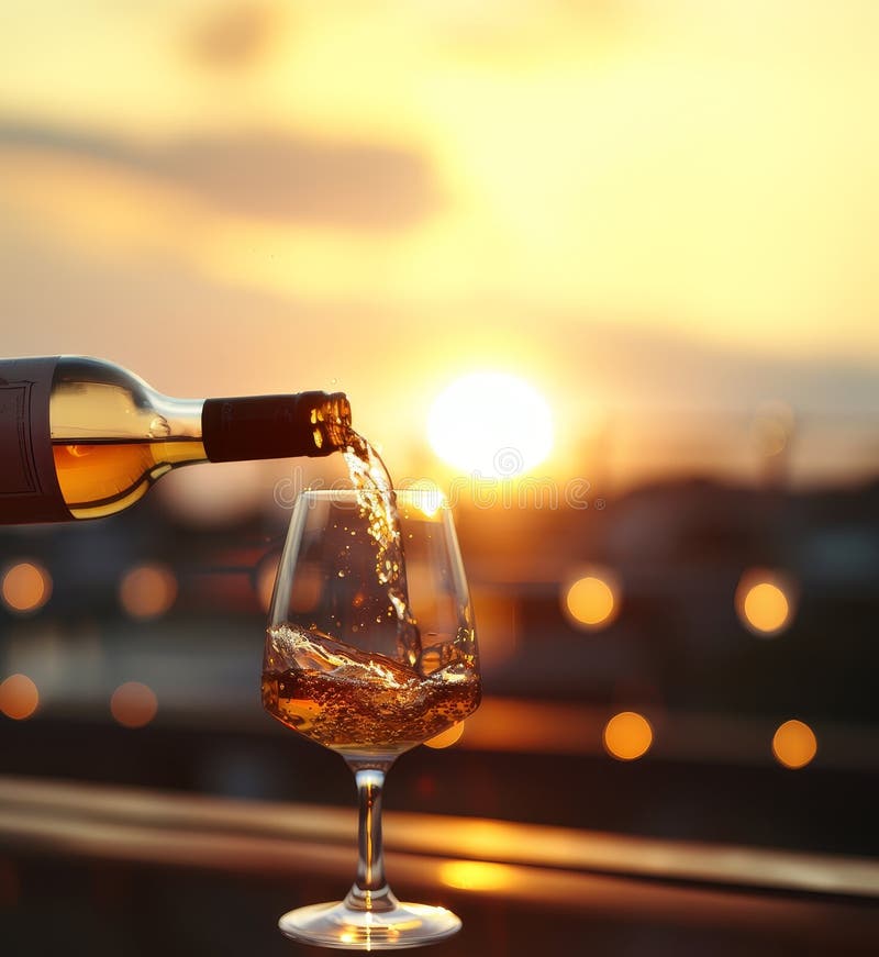 Wine Pours into Glass Against the Sunset Backdrop. Stock Image - Image ...