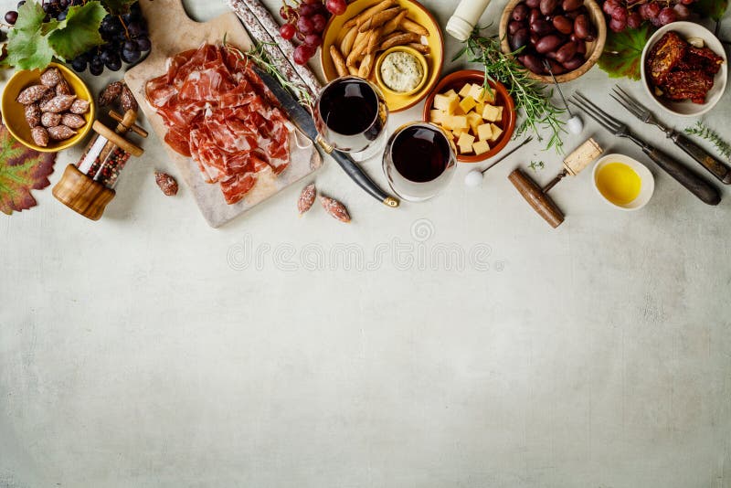 Wine and tapas, top view stock photo. Image of restaurant - 132555380