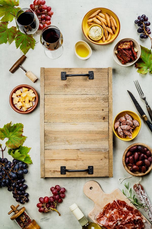 Wine and tapas, top view stock image. Image of italian - 132566651