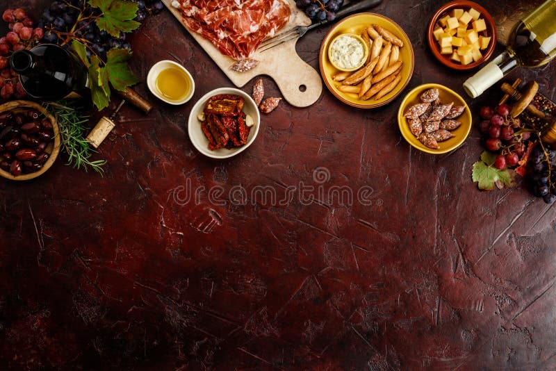 Wine and tapas, top view stock image. Image of snack - 127231723