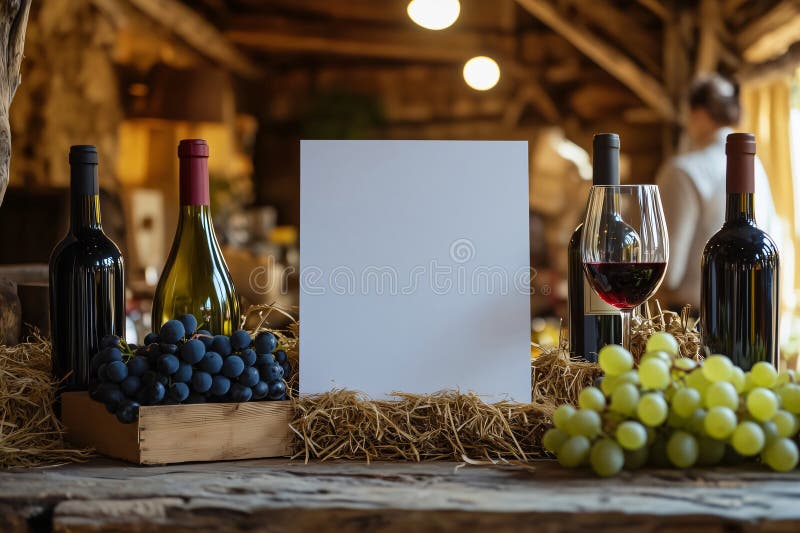 Wine Tasting Event Featuring Blank Sign, Bottles, and Grapes Displaying ...