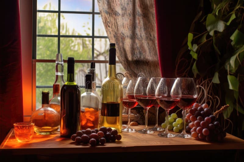 Wine Tasting Setup with Glasses and Bottles Stock Illustration ...