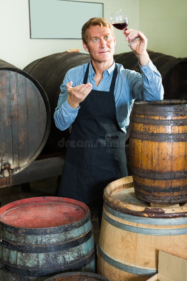 Winemaker Holding Glass of Wine in Cellar. Stock Photo - Image of wood ...
