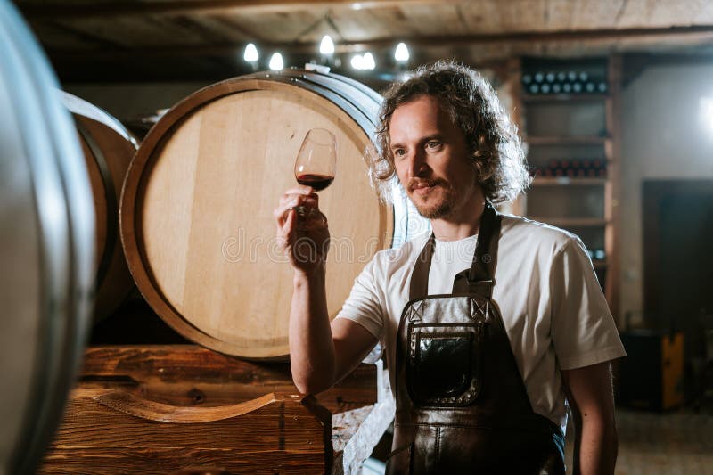 Winemaker Inspecting Red Wine in Cellar Stock Image - Image of ...