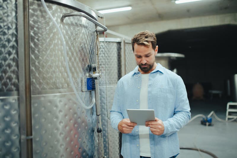The Winemaker Standing in the Wine Cellar, Monitoring the Fermentation ...