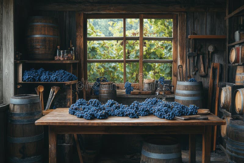 Winemaking Process, Grapes Harvested on a Large Wooden Table Inside a ...