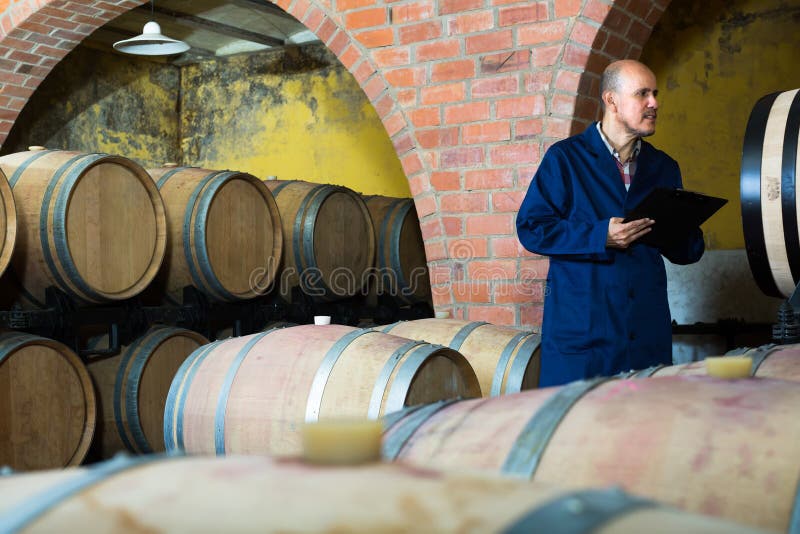 Winery Employee in Cellar with Woods Stock Image - Image of positive ...