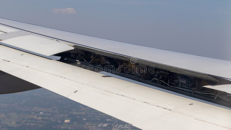 Wing Braking of the Aircraft on the Runway. the Wing of an Aircraft ...