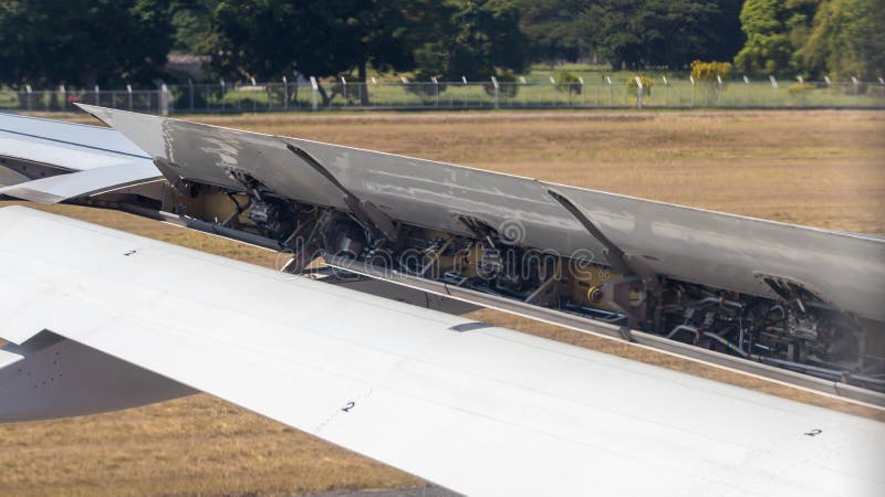Wing Braking of the Aircraft on the Runway. the Wing of an Aircraft ...