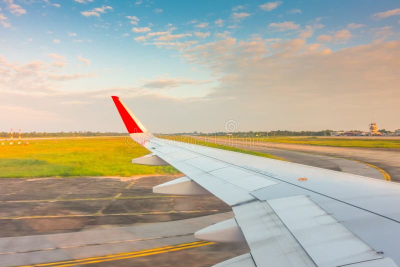 Wing while Breaking during Landing on Runway . Stock Photo - Image of ...