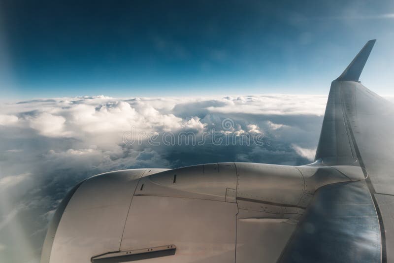 Wing and Engine of the Plane Blue Sky Background Stock Photo - Image of ...