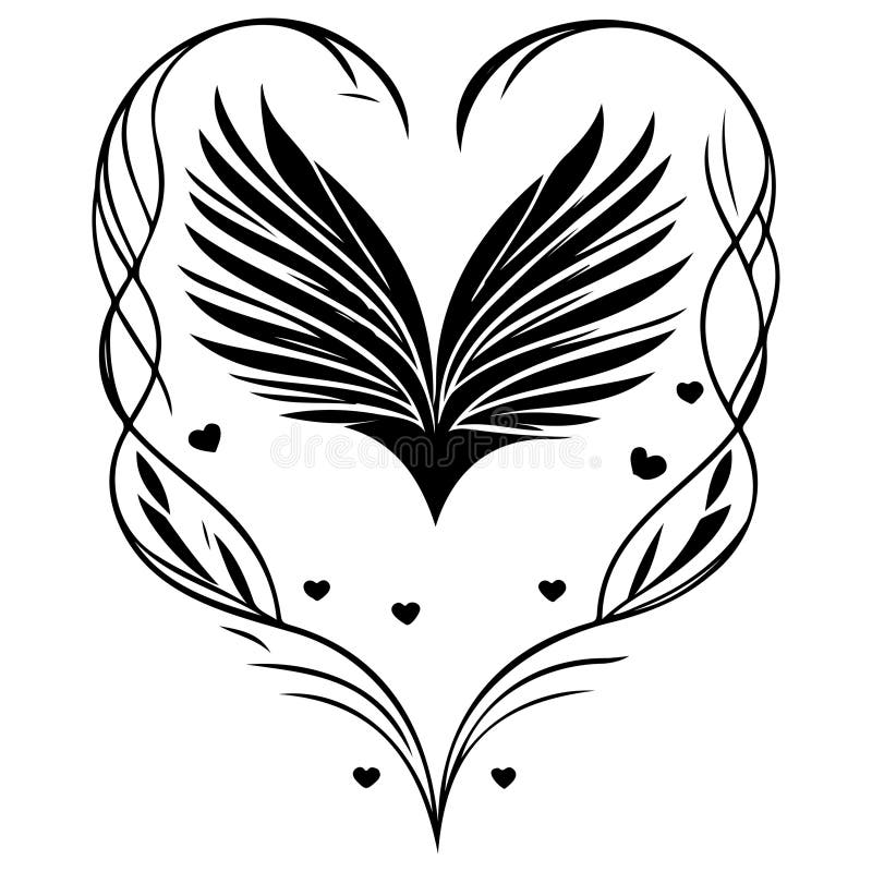 Wing Fly Heart Valentine Illustration Sketch Hand Draw Black Stock ...