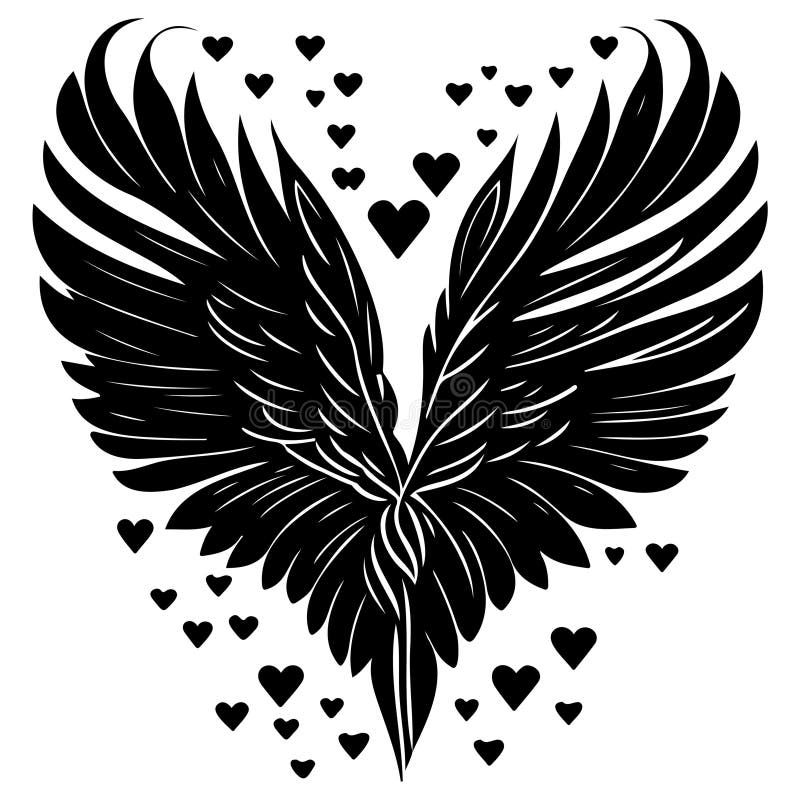 Wing Fly Heart Valentine Illustration Sketch Hand Draw Black Stock ...