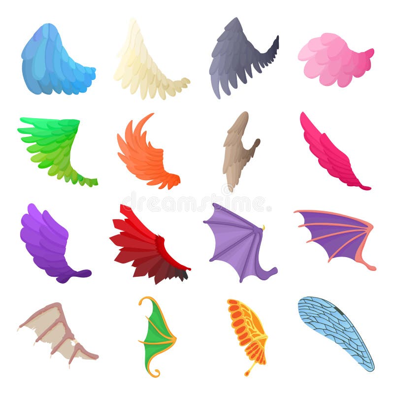 Wing Icons Set, Cartoon Style Stock Vector - Illustration of collection ...
