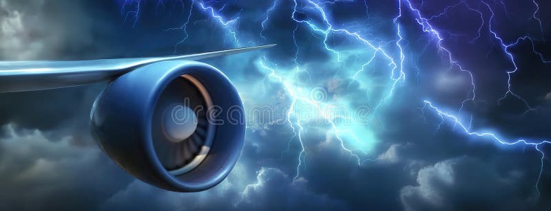 The Wing of a Plane Flying through a Storm with Lightning Bolts in the ...