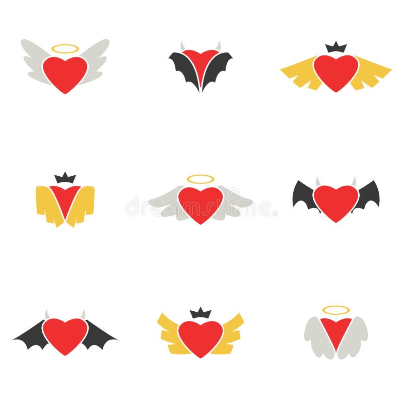 Wing of Red Heart with Angel Devil and King - Vetor Ilustração do Vetor ...