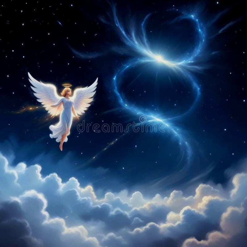 A Winged Angelic Figure Floating in a Cloudy Starry Night Sky with a ...