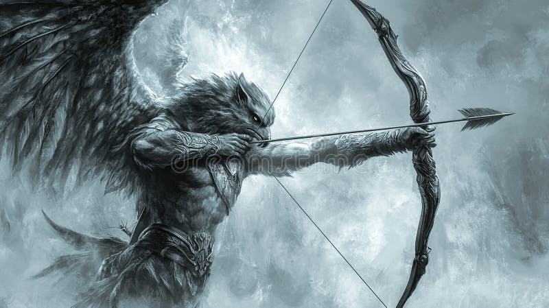Winged Beast Archer Aiming Bow and Arrow in Dramatic Smoky Sky Stock ...