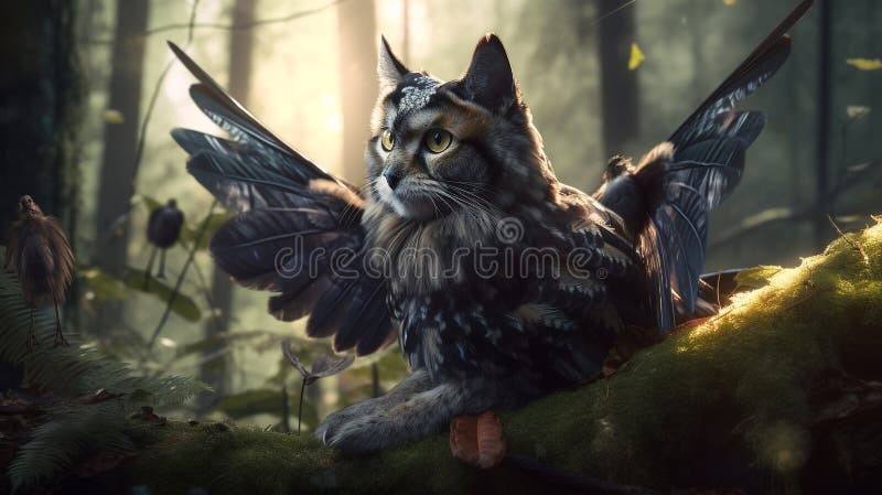 Winged Cat, Cat with Owl Wing on Fantasy Forest Stock Illustration ...